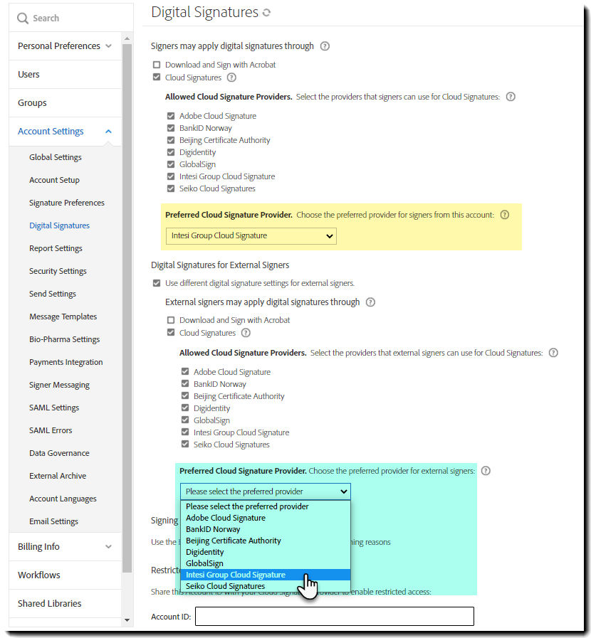 Configure cloud signature providers