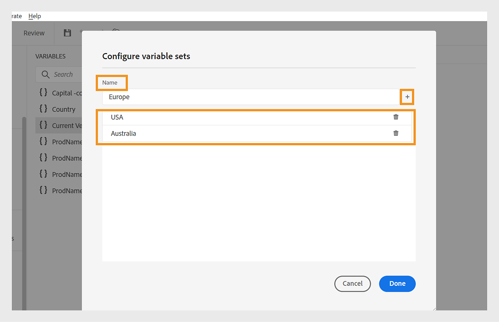 Variable sets Variable sets