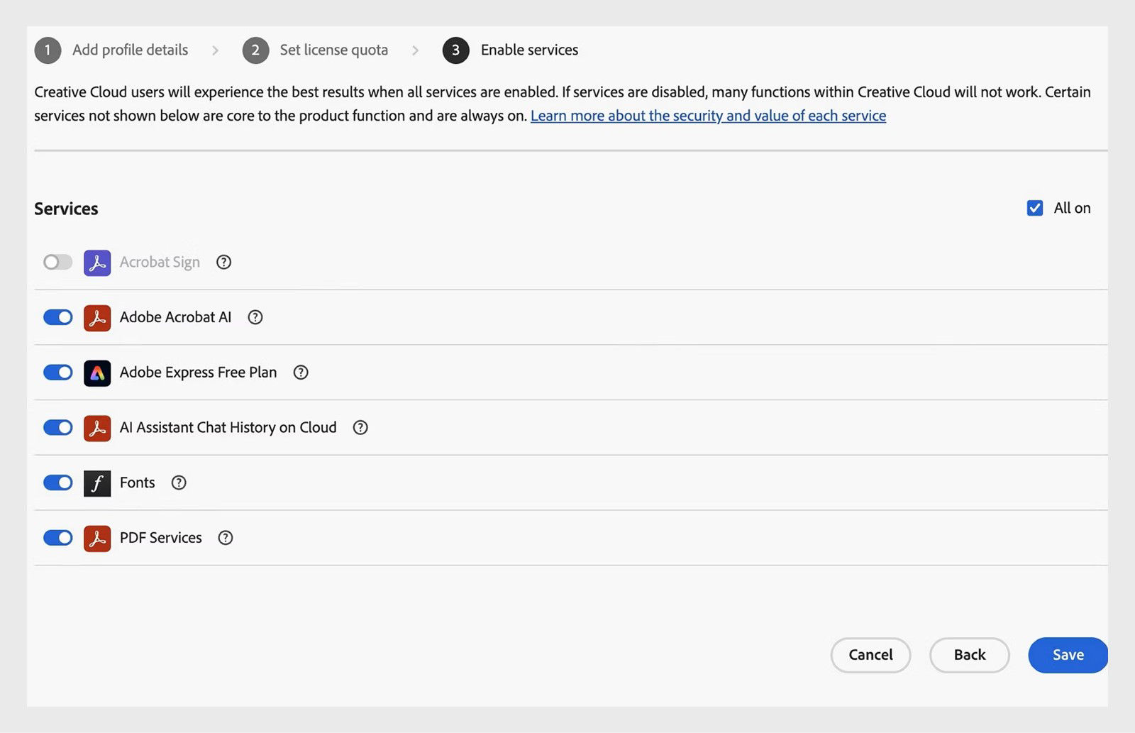 Manage services in the Admin Console