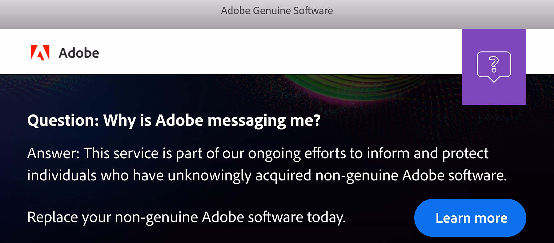 Learn about Adobe Genuine notifications Learn about Adobe Genuine notifications