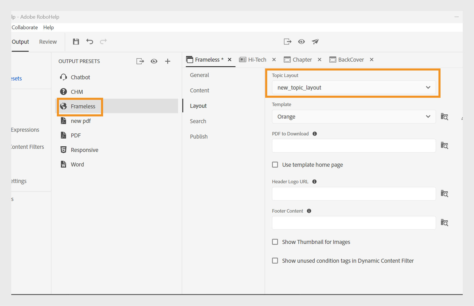 Generate Frameless output in RoboHelp
