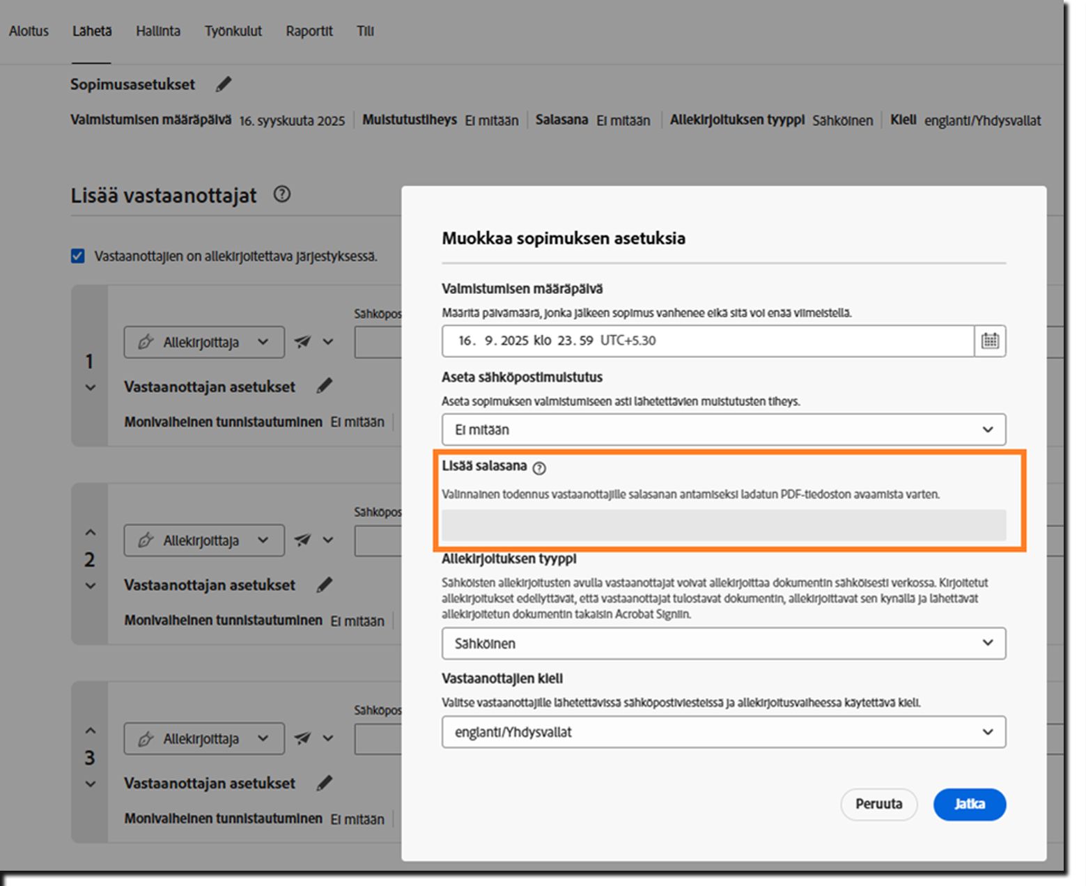 Anna lähettäjien lisätä salasanoja PDF-sopimustiedoston tarkastelun ...