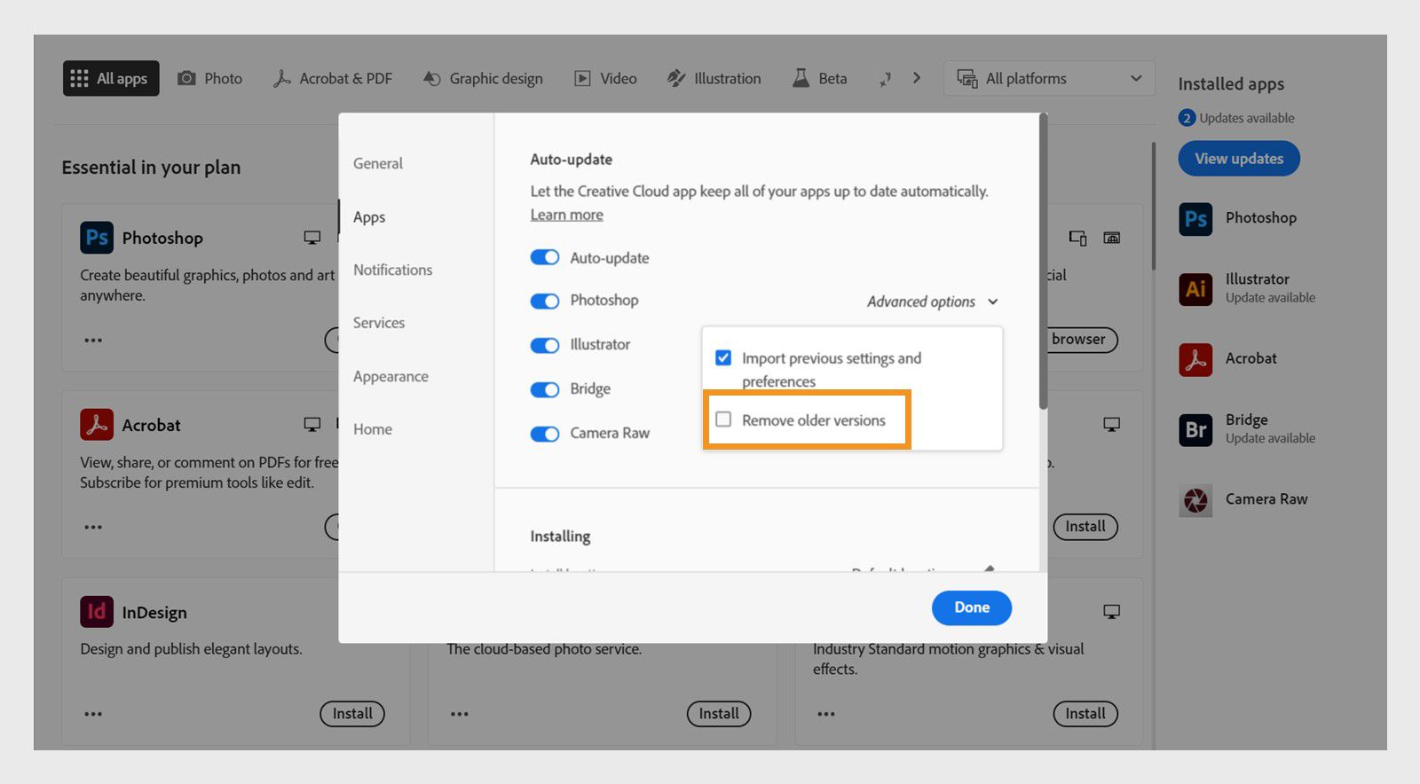 Install previous versions of your Creative Cloud apps