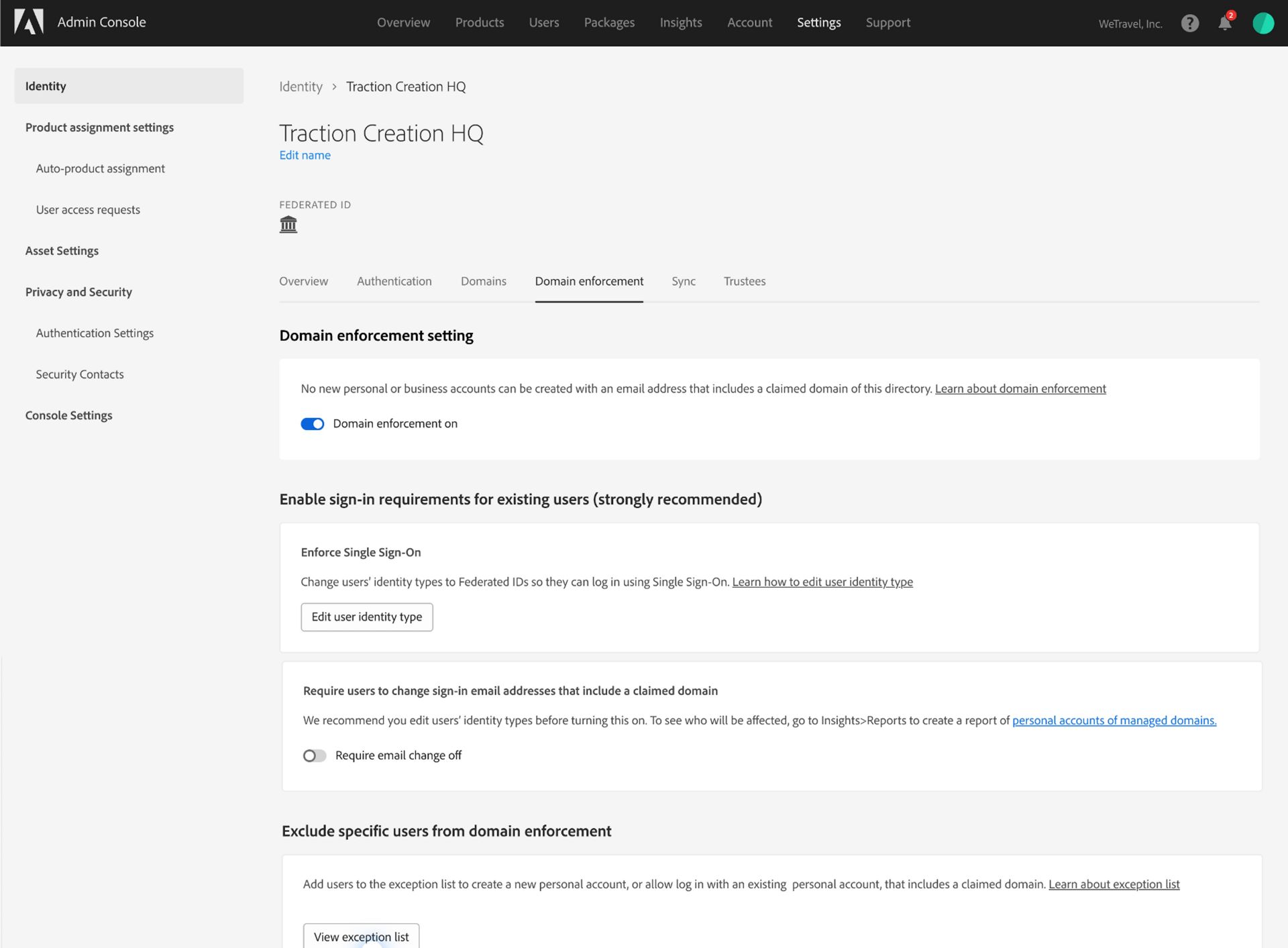 Domain enforcement for restricting personal accounts