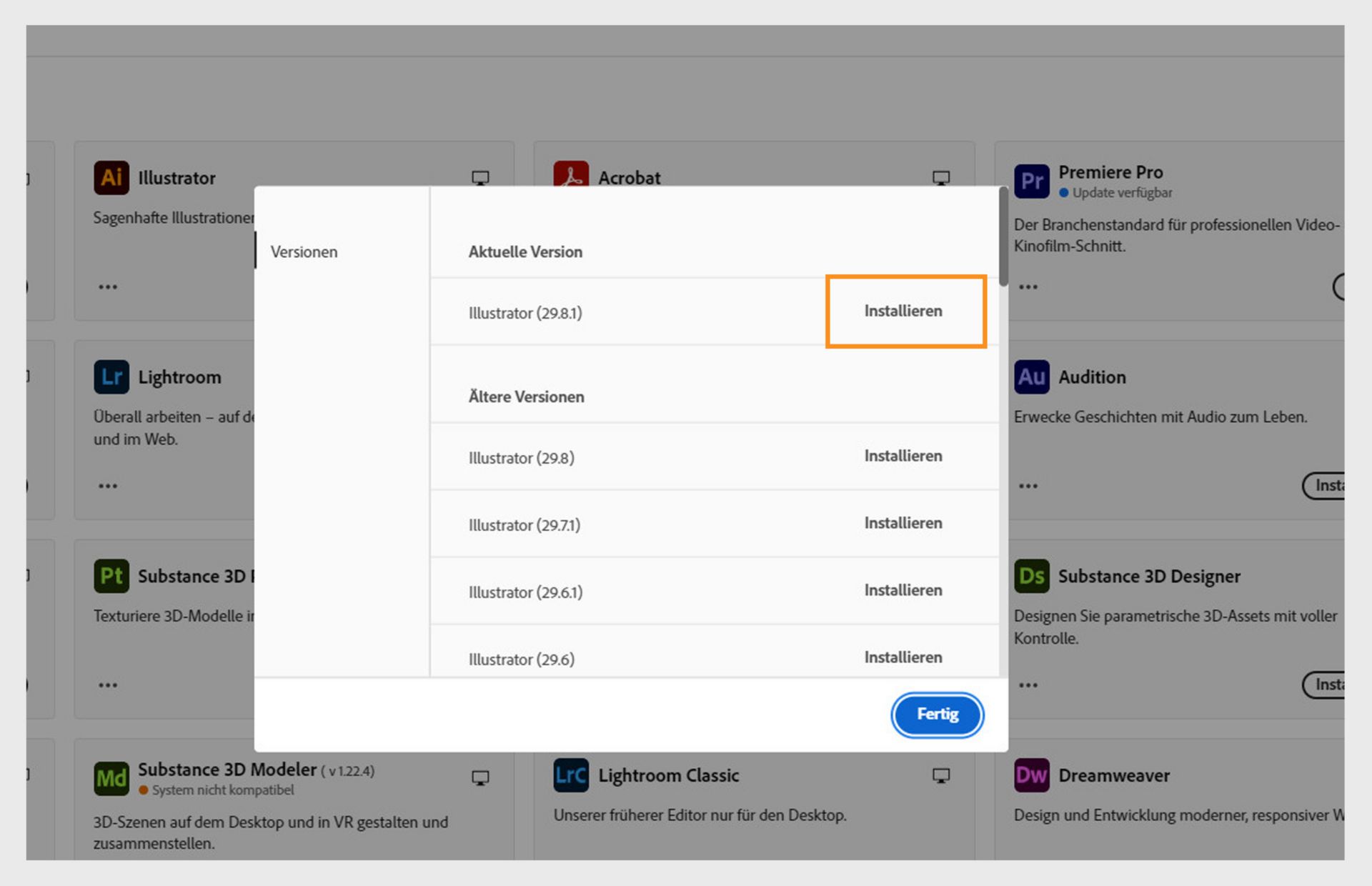 Installieren früherer Versionen von Creative Cloud-Applikationen