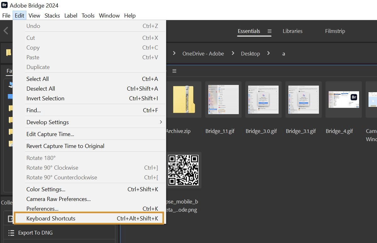 Keyboard Shortcuts panel in Adobe Bridge Keyboard Shortcuts panel in Adobe Bridge
