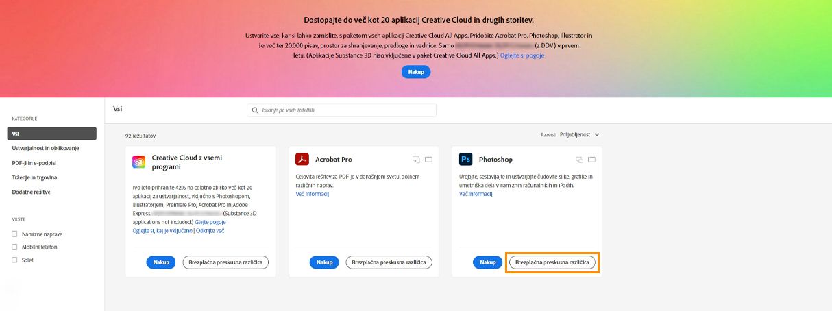 Prenos in namestitev preskusa za Creative Cloud